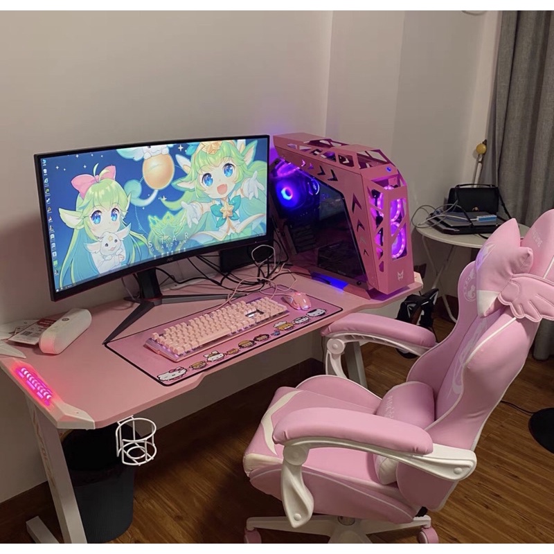 RGB Lights Study Table Pink Gaming Table Pink Computer Office Desk ...