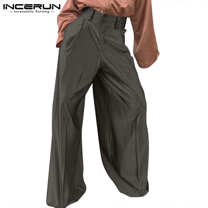 INCERUN Men 3 Colors Leisure Solid Color High Waist Wide Leg Loose Long ...