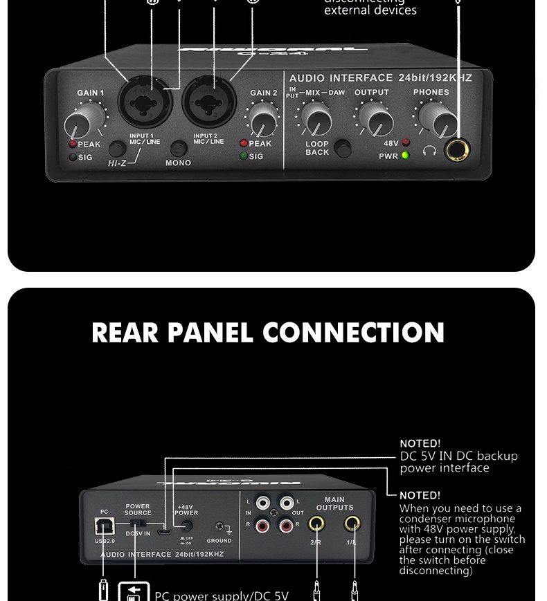 Audio Interface 24Bit/96kHz Used for Pc With XlR / 1/4 Inch Jack 2 ...