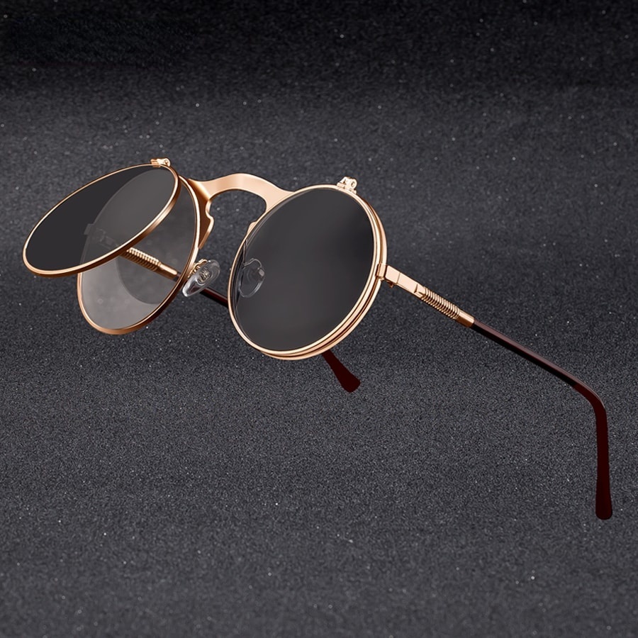 Vintage Steampunk Flip Sunglasses Retro Round Metal Frame Sun Glasses