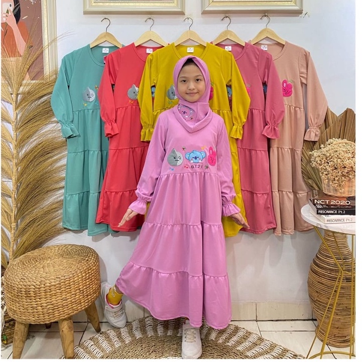Gamis+hijab Girls rempel model Embroidery motif BT21 voxy premium latin ...