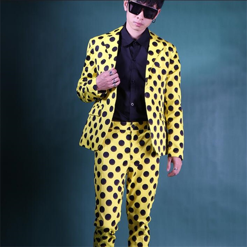 Yellow bla dot blazer men suit set with pants mens suits singer star ...