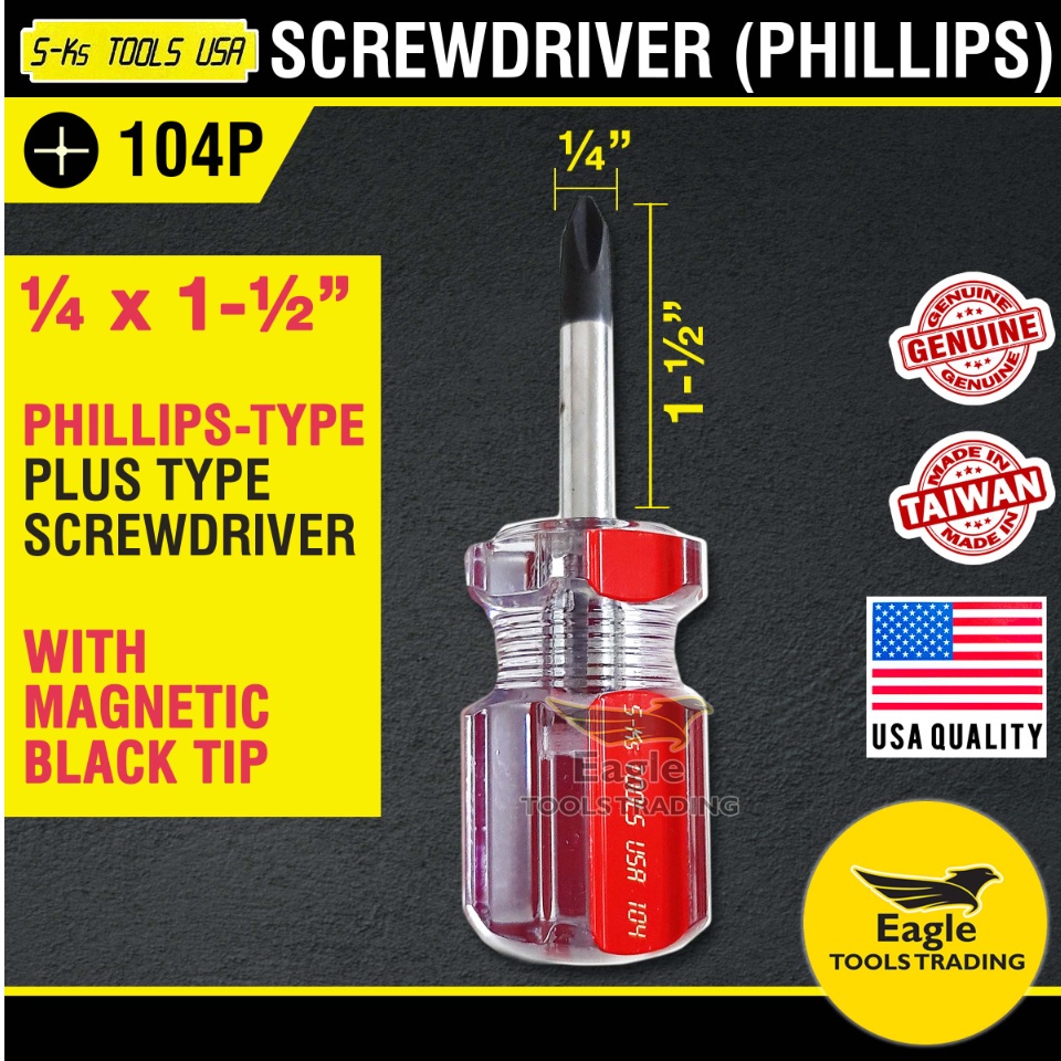 S-Ks Tools USA Stubby Red Screwdriver Phillips plus Tip 104P 1-1/2inch Steel length 1/4" steel ...