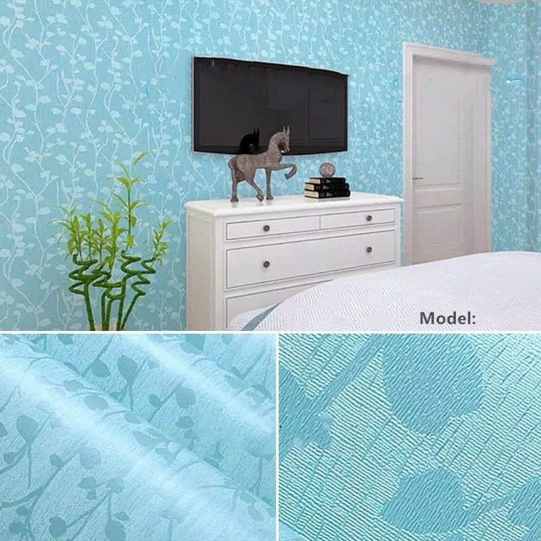 Plain Blue Wall Sticker Wallpaper with Leaf Stripe Texture | Shopee ...