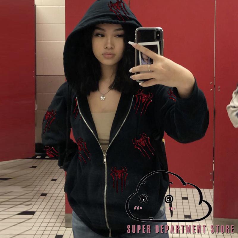 SUPER-Female Coat Rhinestones Skull/ Spider Print Long Sleeve Hooded ...