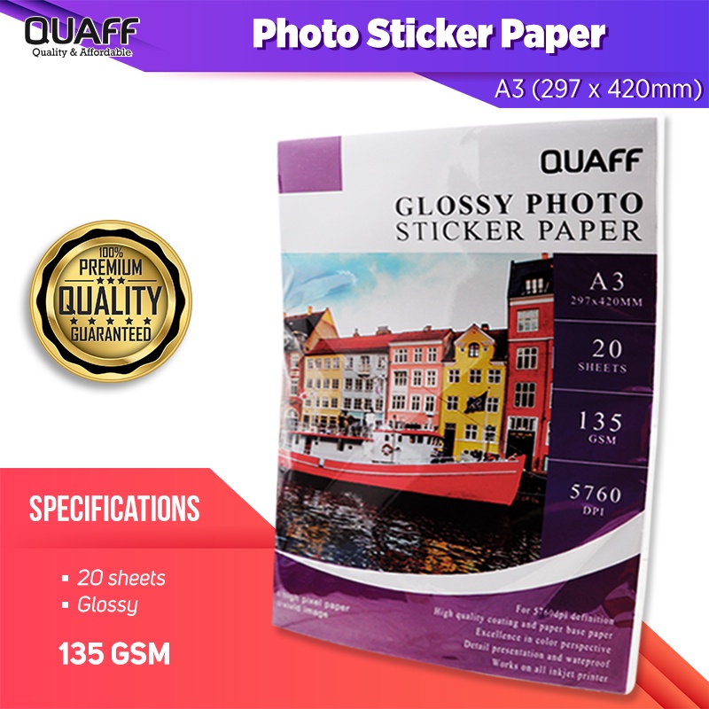 A3 Size QUAFF 135gsm Photo Sticker Paper Glossy (20 sheets / pack ...