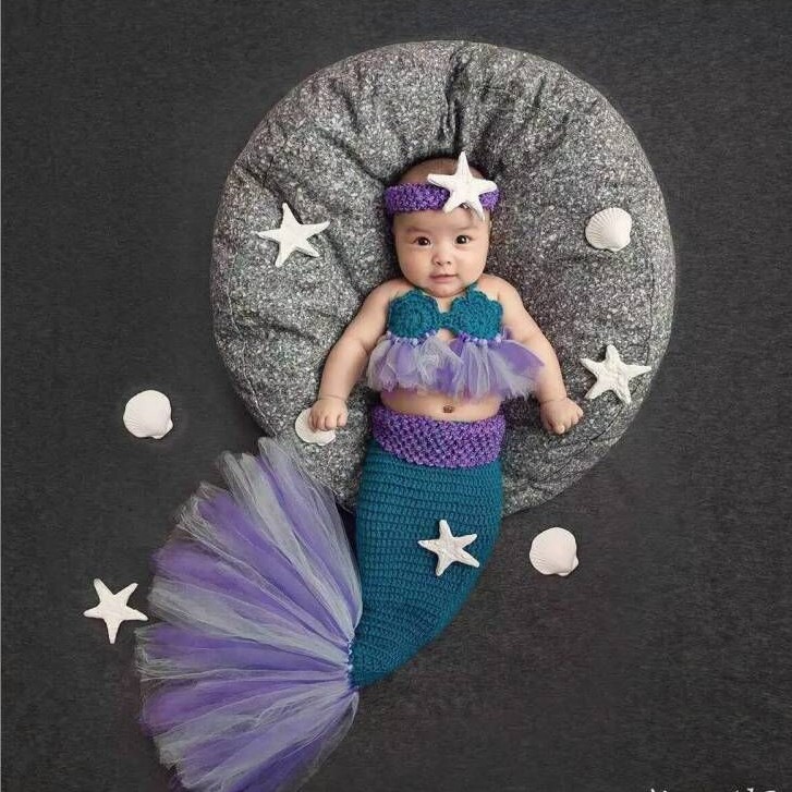Newborn Blue Lace Mermaid Tail Set Elegant Costume Crochet Knit Baby ...