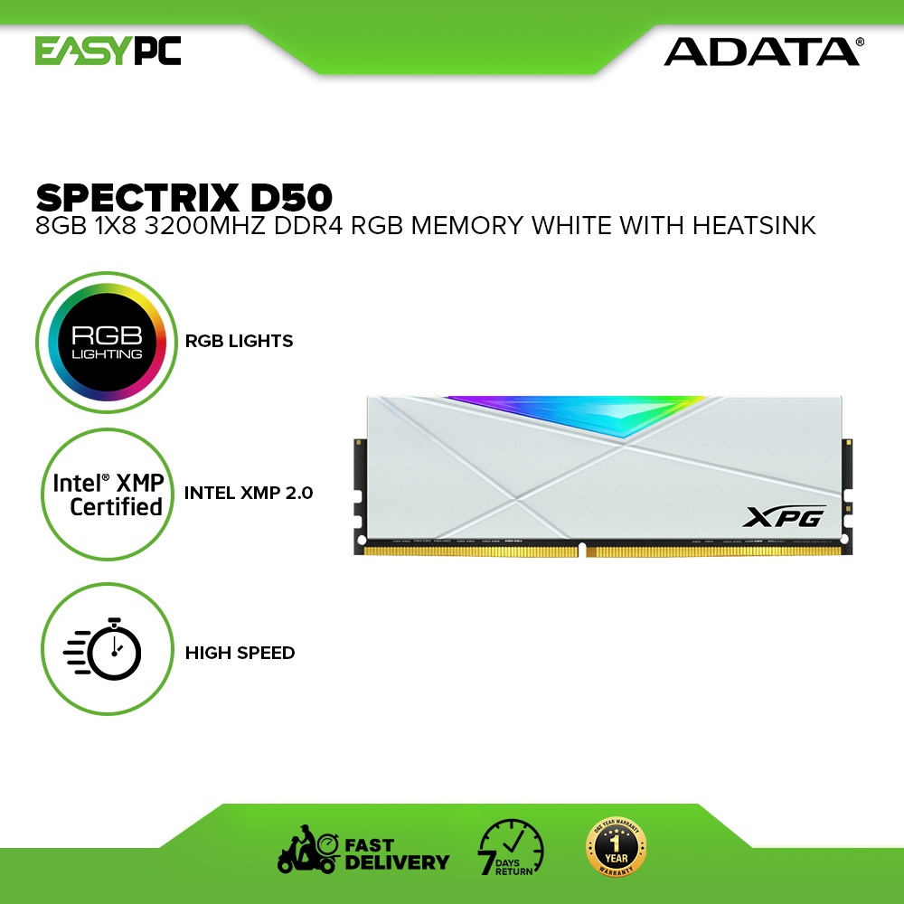 Adata Spectrix D50 8GB 1x8 3200mhz Intel XMP 2.0, High Speed, RGB ...