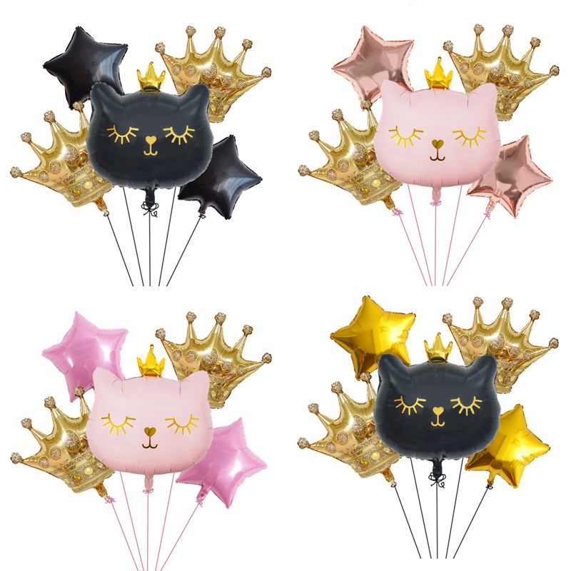 5pcs Big Cat Crown Balloon Helium Star Gold Pink Black Cat Head Foil ...