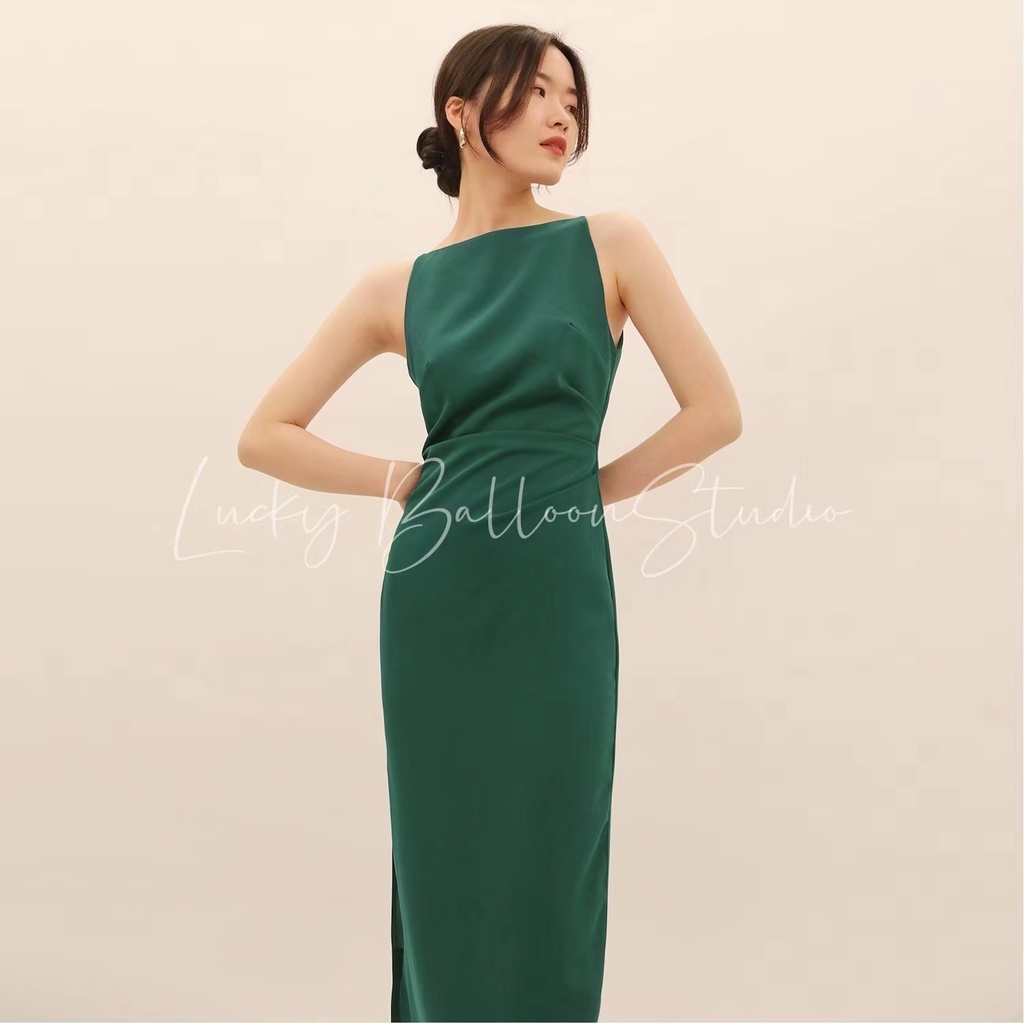 Office Lady Line Pleated Neck Waist Slit Straight Tube Slimming Dress ...