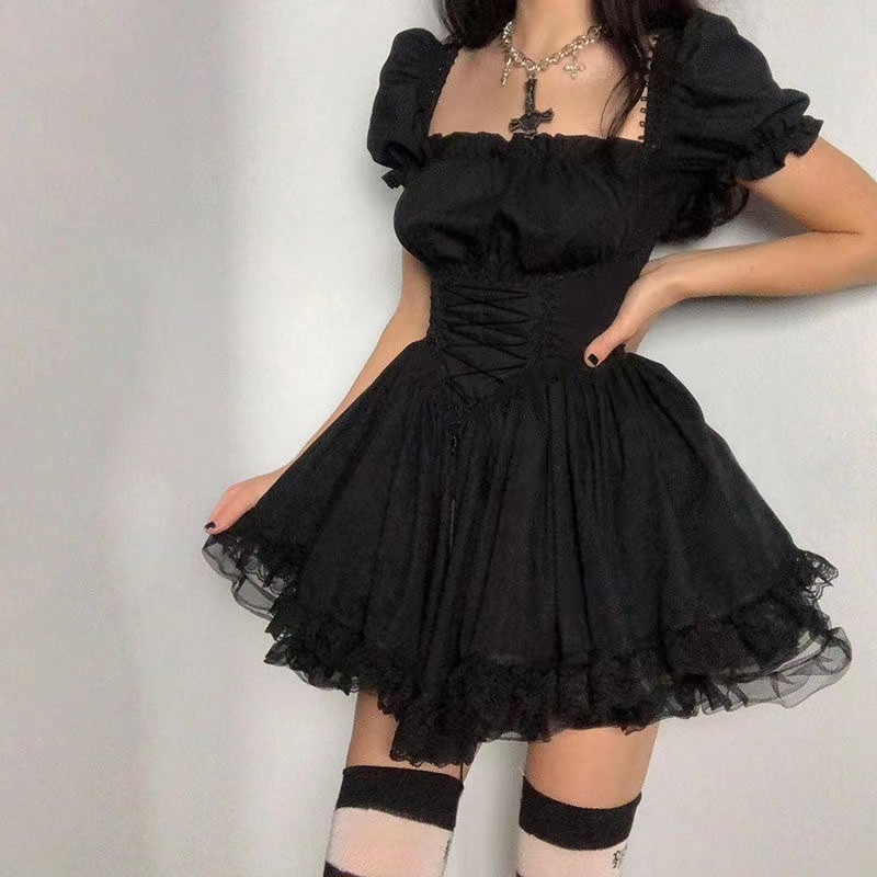 Lolita Black Dress Goth Aesthetic Puff Sleeve High Waist Vintage ...