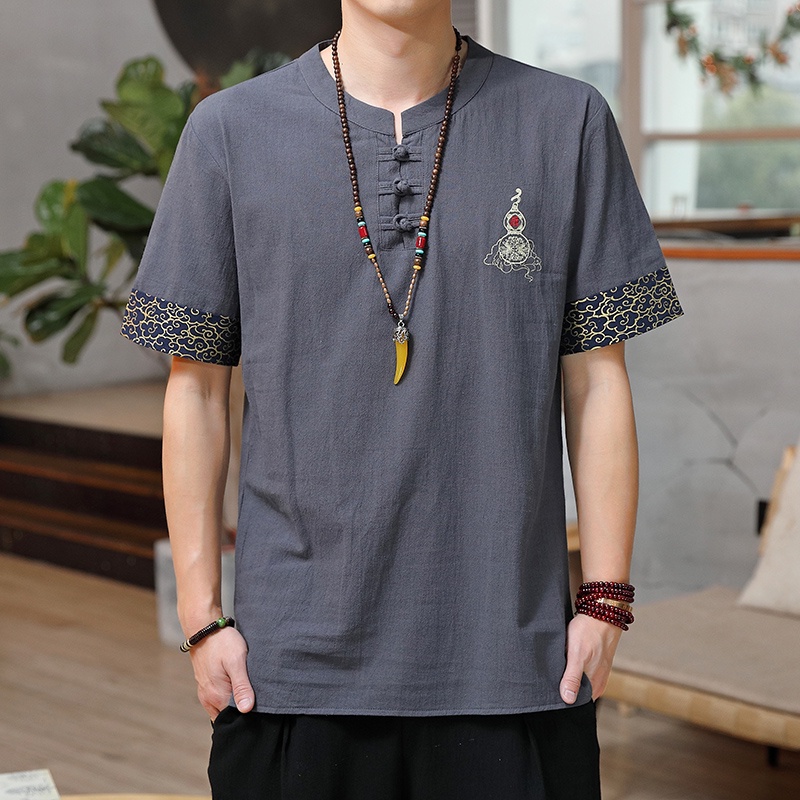 Chinese linen short sleeve t-shirt men's loose Chinese style half ...