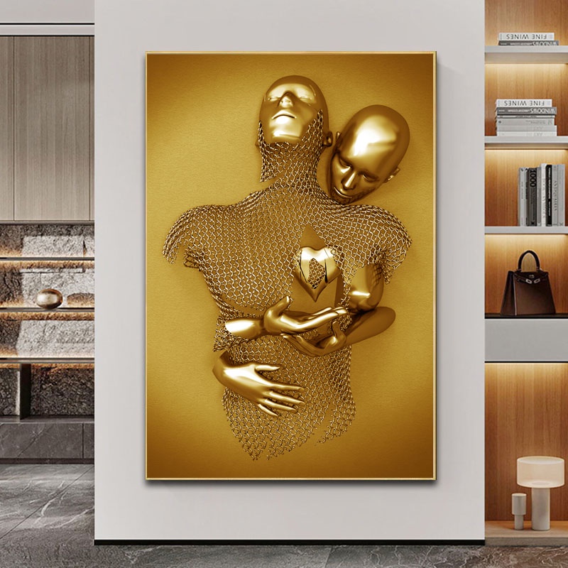 Wallpaper Golden Metal Figure Statue Canvas Painting Lover Sculpture ...
