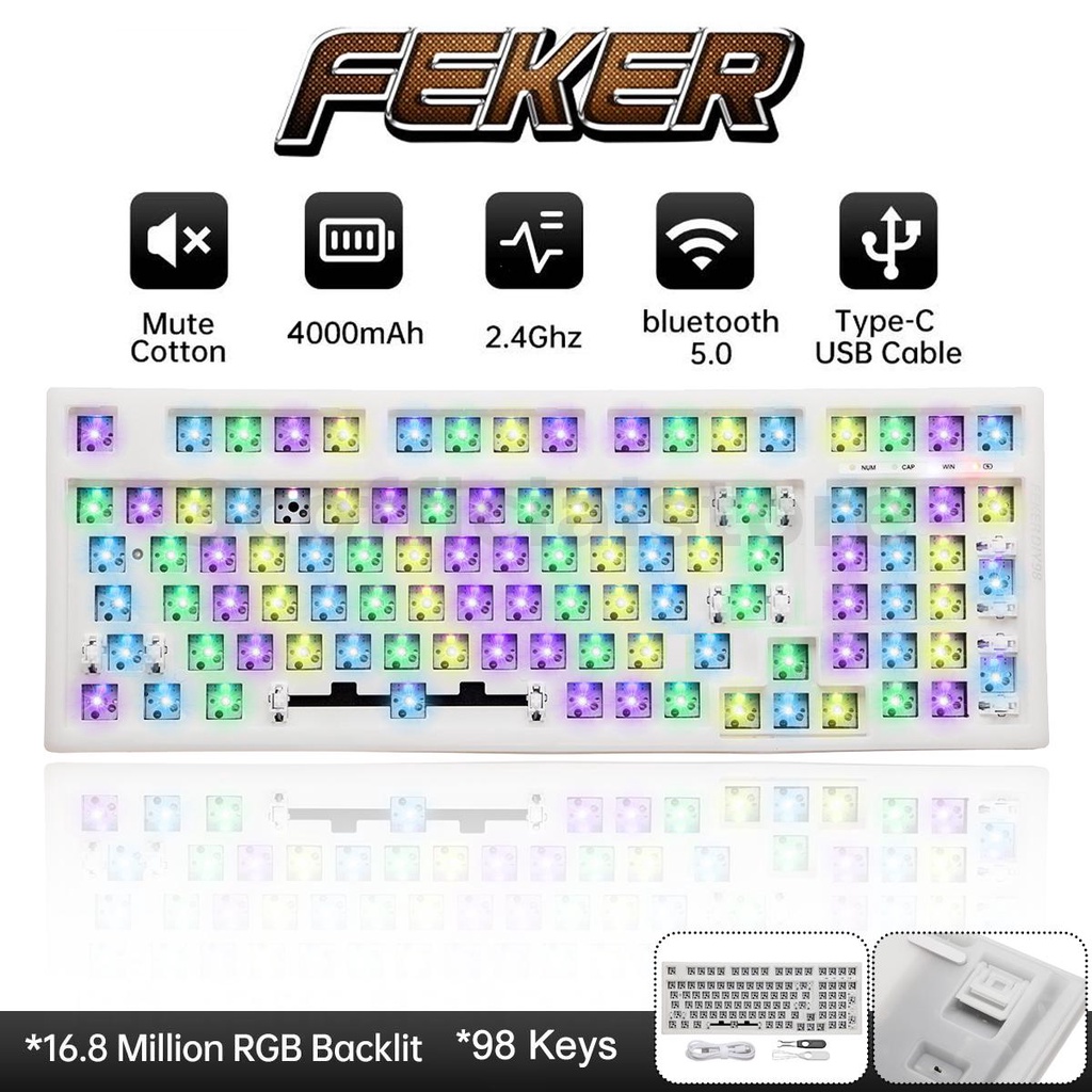 &@ Dual Mode FEKER 98 key Mechanical Keyboard DIY Kit Wireless RGB Knob ...