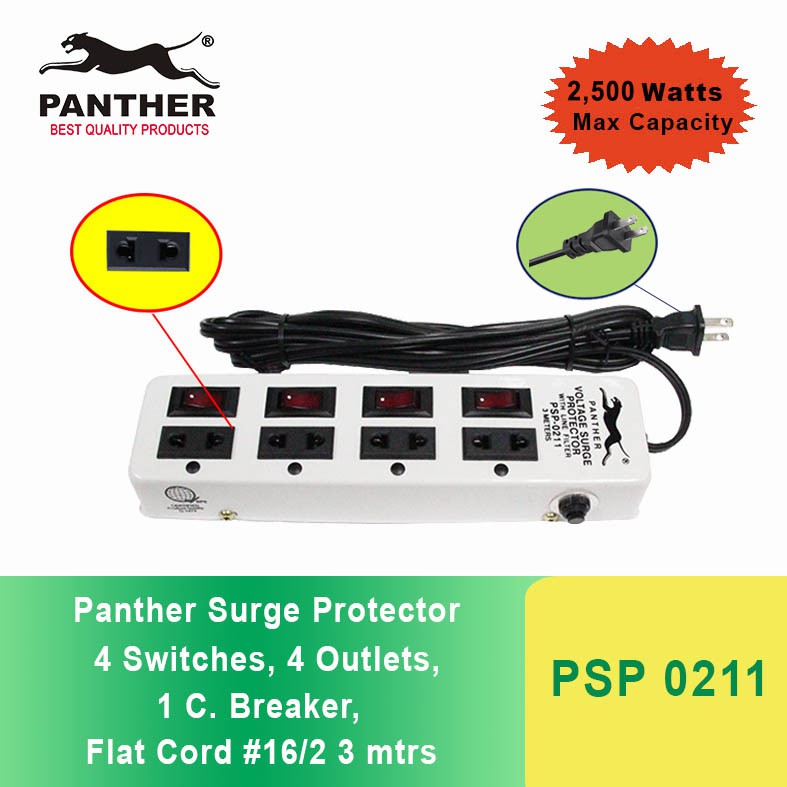 Panther PSP 0211 Extension Cord w/ Voltage Surge Protector 4 Switches 4 ...