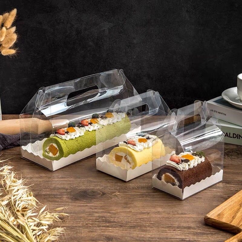 RORA - Transparent Swiss Roll Long Cake Box with Handle Plastic Cake ...