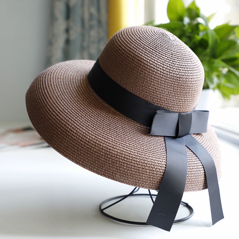 Retro Hepburn Black Influencer Straw Hat Sun Sunscreen Vacation Seaside