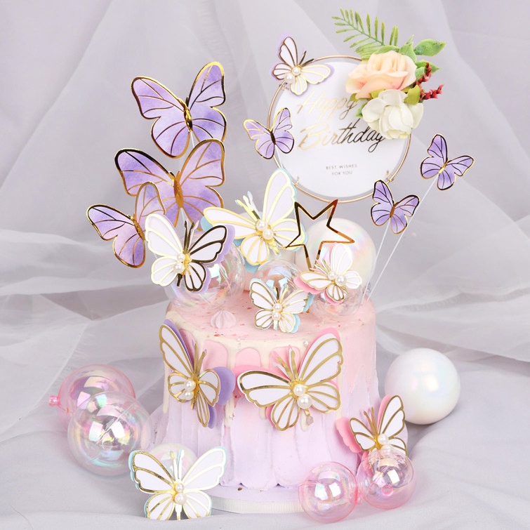 3/10pcs Pearl Butterfly Cake Toppers colorful sphere transparent ball ...