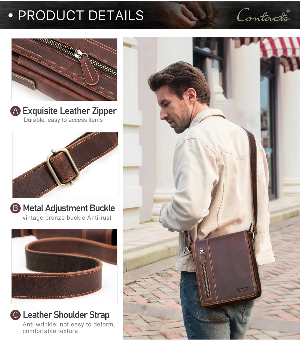 CONTACT'S Business Men's Shoulder Bags Crazy Horse Leather Messenger ...