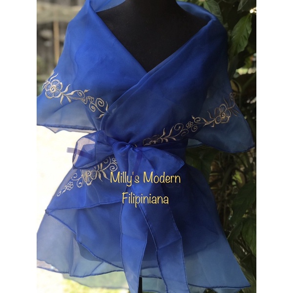Millys Modern Filipiniana wrap around / Embroidery Royal blue panuelo ...