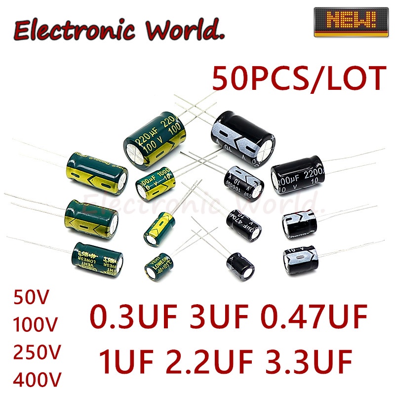 50pcs/Piece In-Line Aluminum Electrolytic Capacitor 50V/100V/250V/400V/0.33 0.47UF 1UF 2.2UF 3 ...
