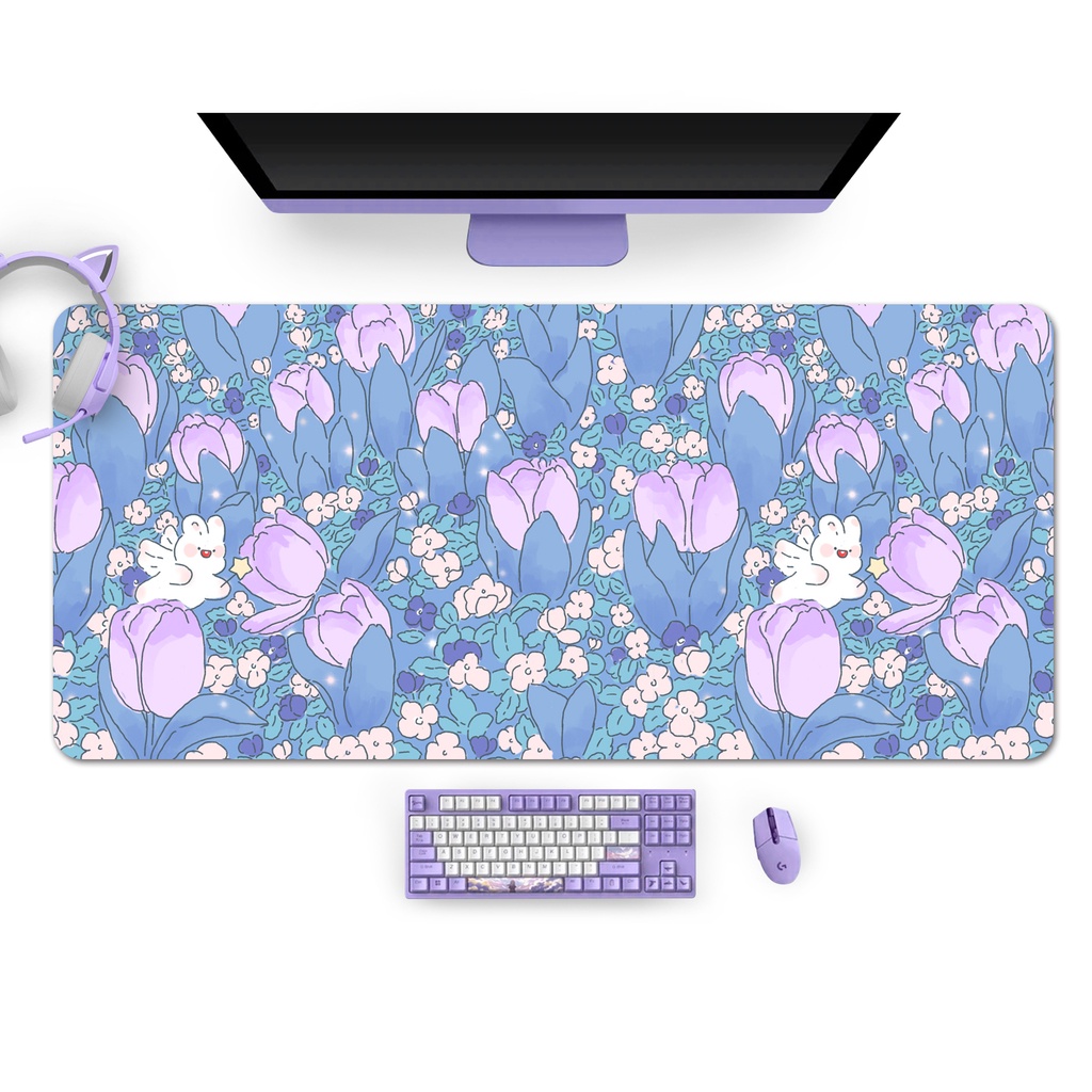 Extra Large Kawaii Purple Gaming Mouse Pad Cute Tulips Flower Bunny XXL ...