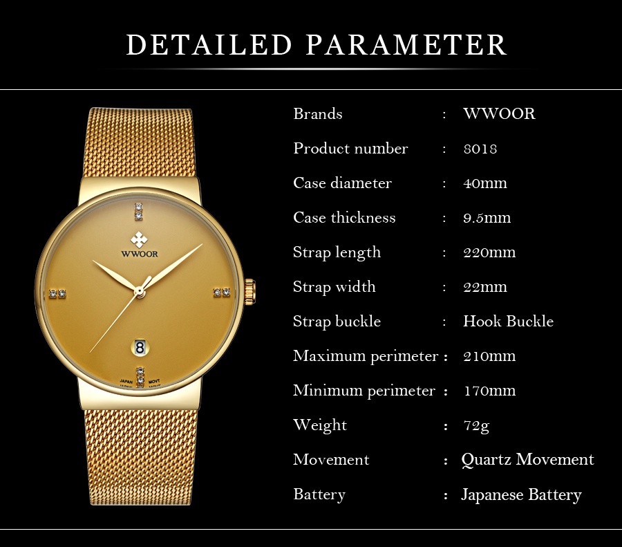 Wwoor Men Quartz Ultra-Thin Waterproof Analog Watch Gold Simple 8018 ...