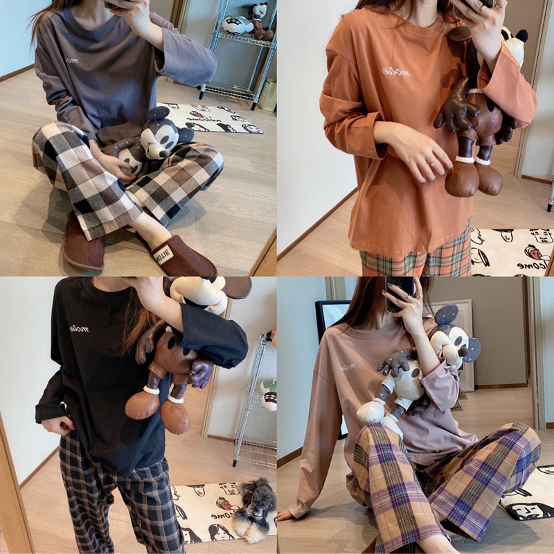 Pajama terno Grid Set Pajamas Women Long Sleeve With Storage Bag Casual ...