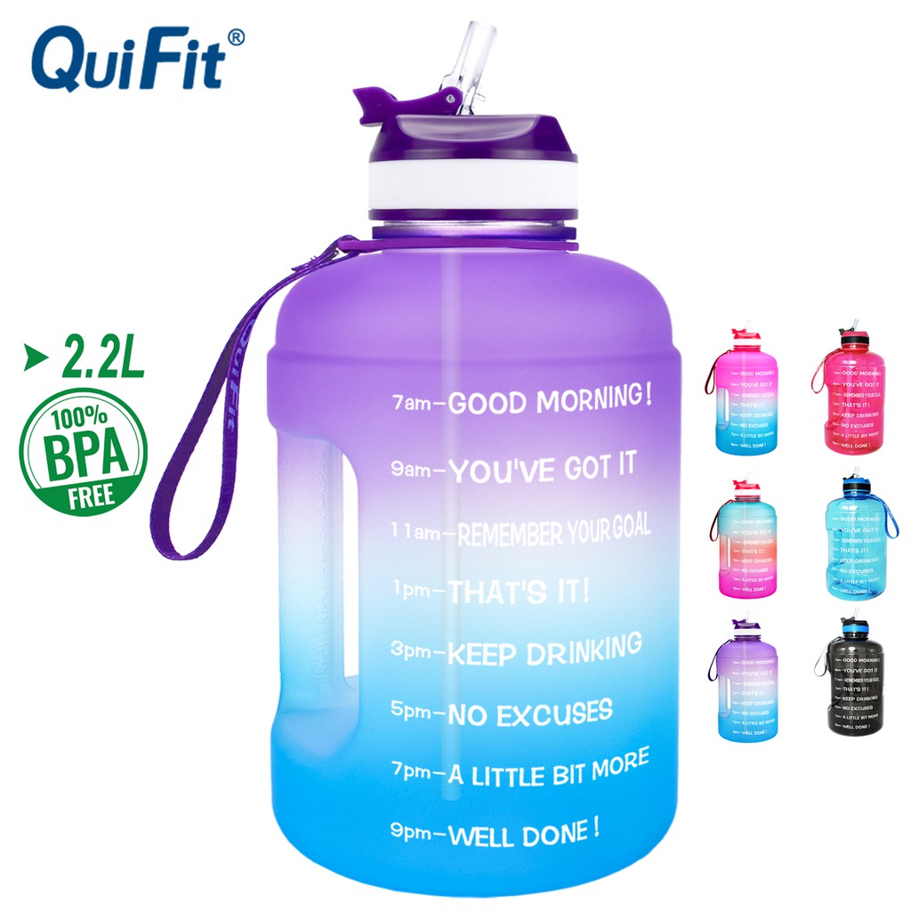QuiFit 2.2L Mid Mouth Half Gallon Motivational Water Bottle with Straw BPA Free Time Marked for ...