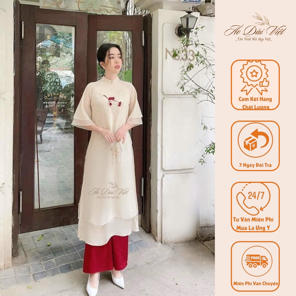 Renovated Ao Dai with Moc Mien Model, Cream White, Embroidered with 4 Sides, Super Beautiful ...