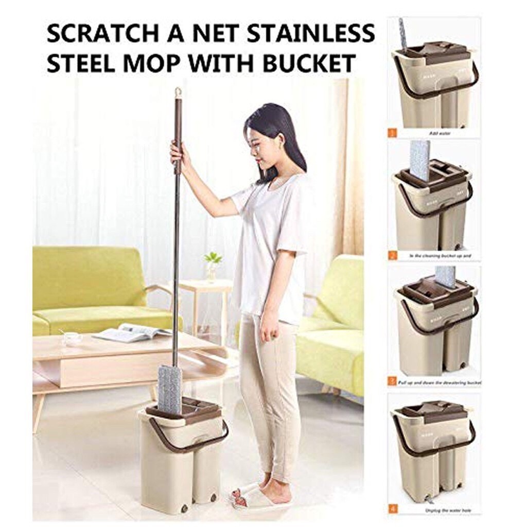 2 in 1 Self-Wash Squeeze Dry Scratch Anet Mop Tool Kit Flat Mop Bucket ...