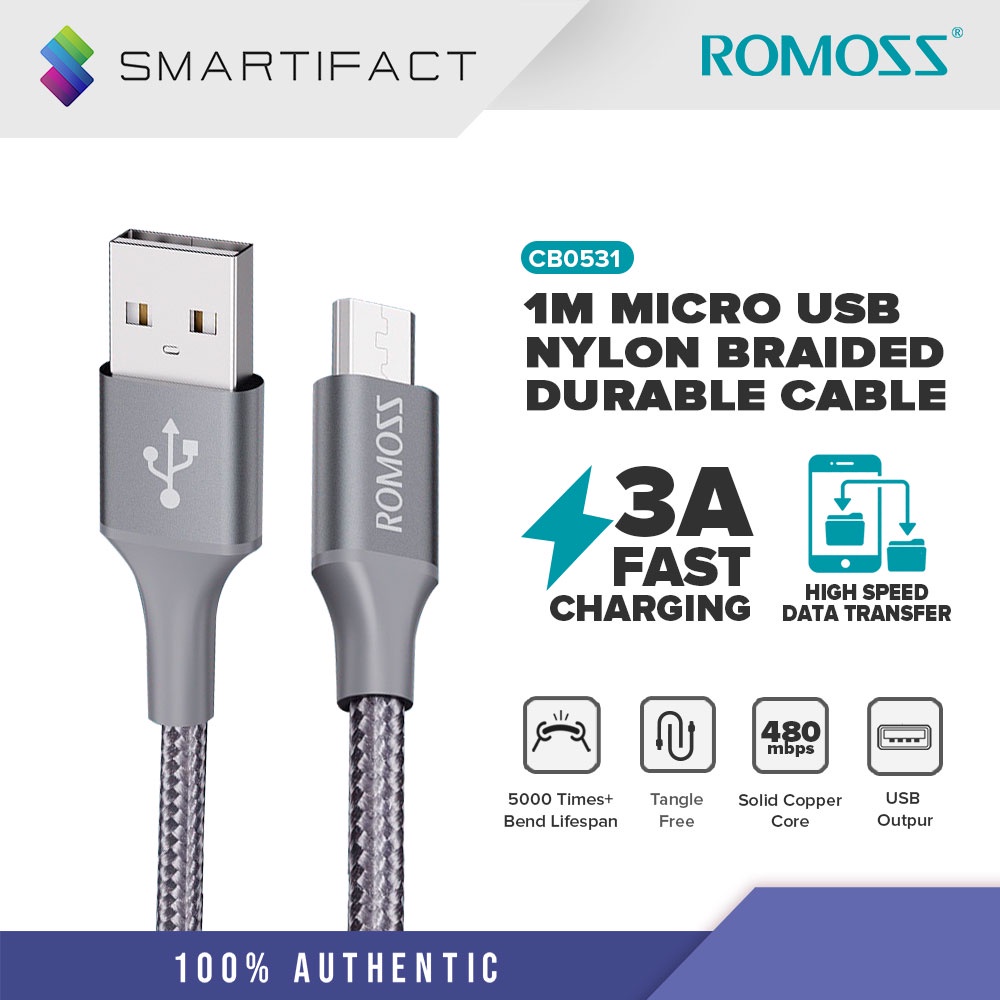 Romoss CB0531 Micro USB Charging Cable 1M Nylon Braided Data Cable Grey ...