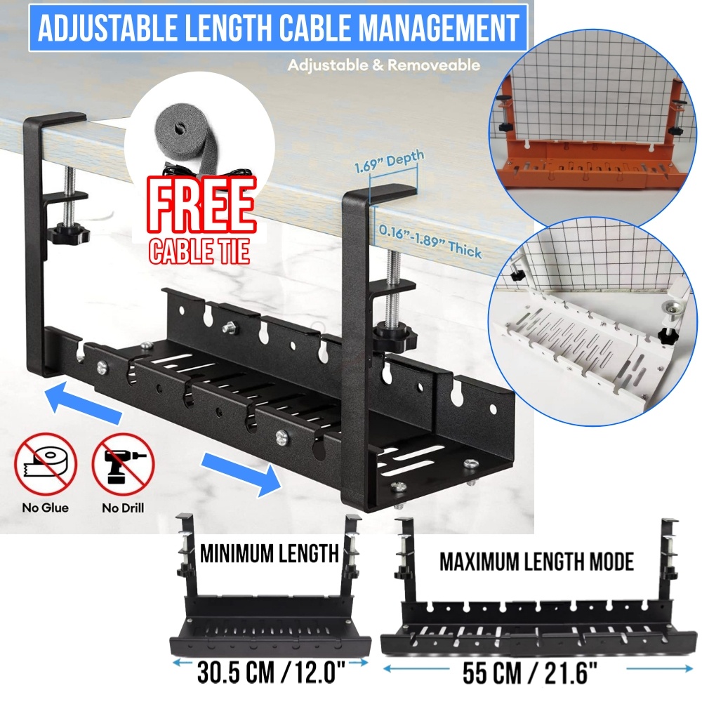 *New* No Drilling Under Desk Adjustable Length Cable Management Tray ...
