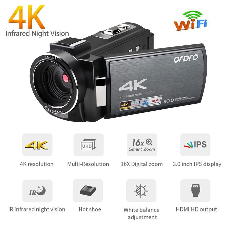 Ordro AE8 UHD 4K HDV Camera WiFi 30MP 16X Zoom IR Night Vision DV ...