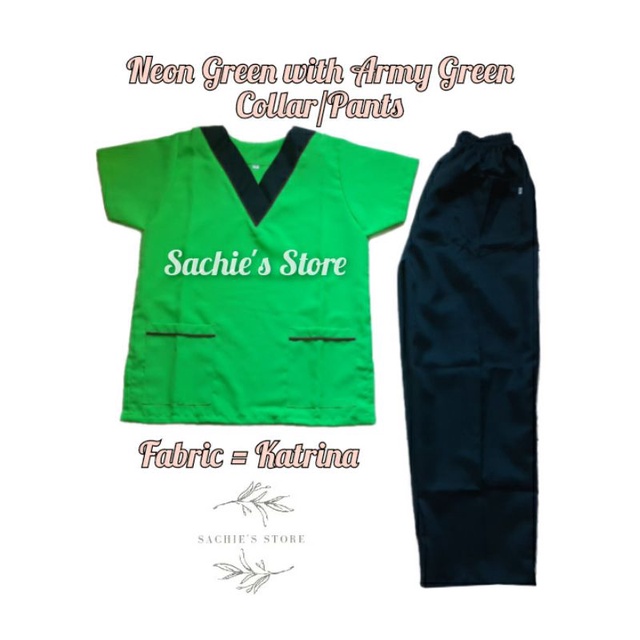 [Medical Uniform Unisex] Neon Green w/Piping Scrub Suit VNeck (Katrina ...