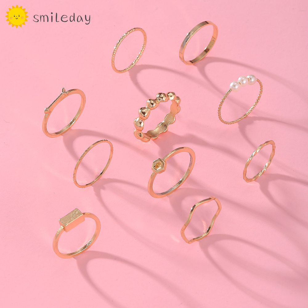 10Pcs/Set Fashion Retro Gold Ring Set Girl Pearl Star Rings Elegant ...