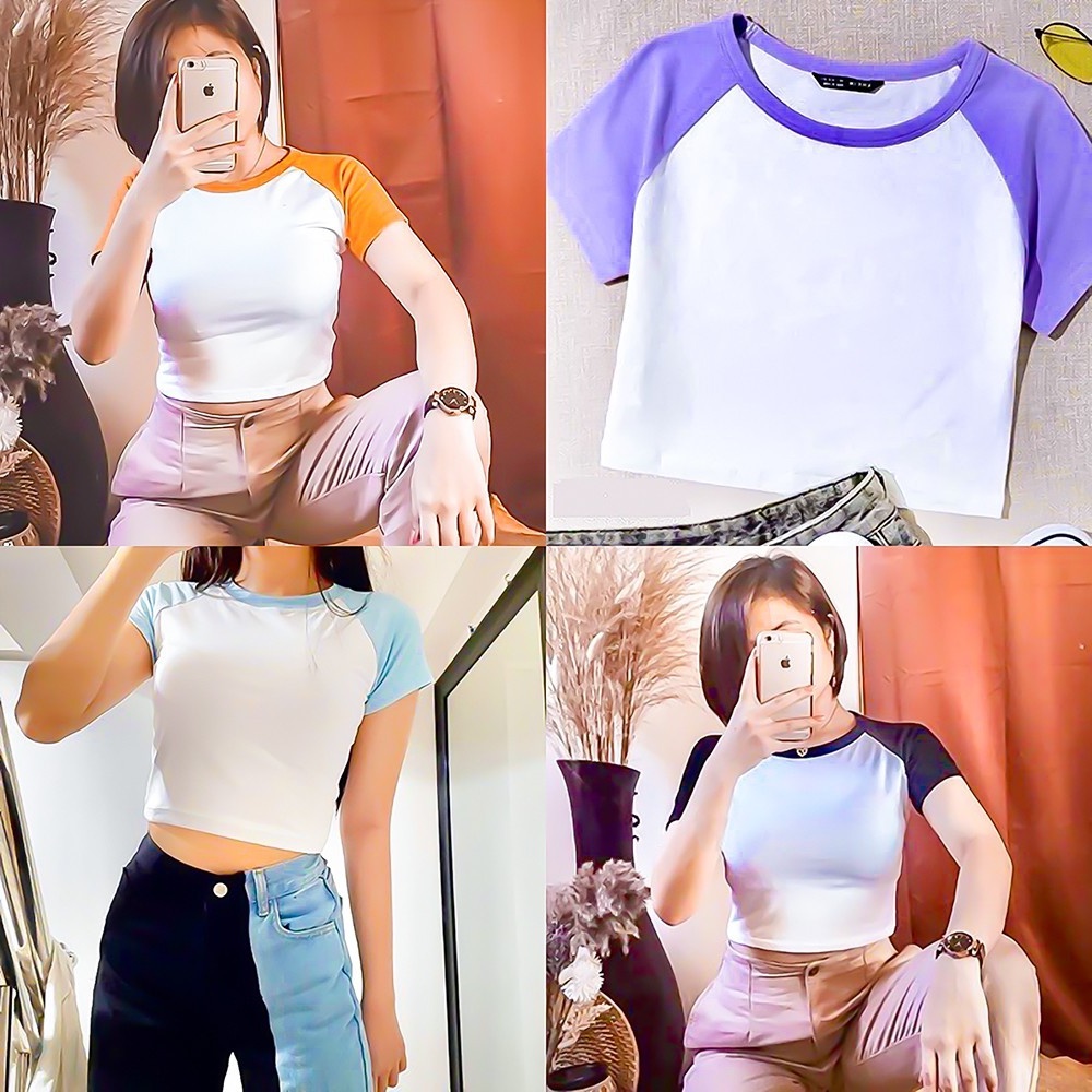 NB Two Tone CROP Tops Cotton RAGLAN CROP TRENDING TOP | Shopee Philippines