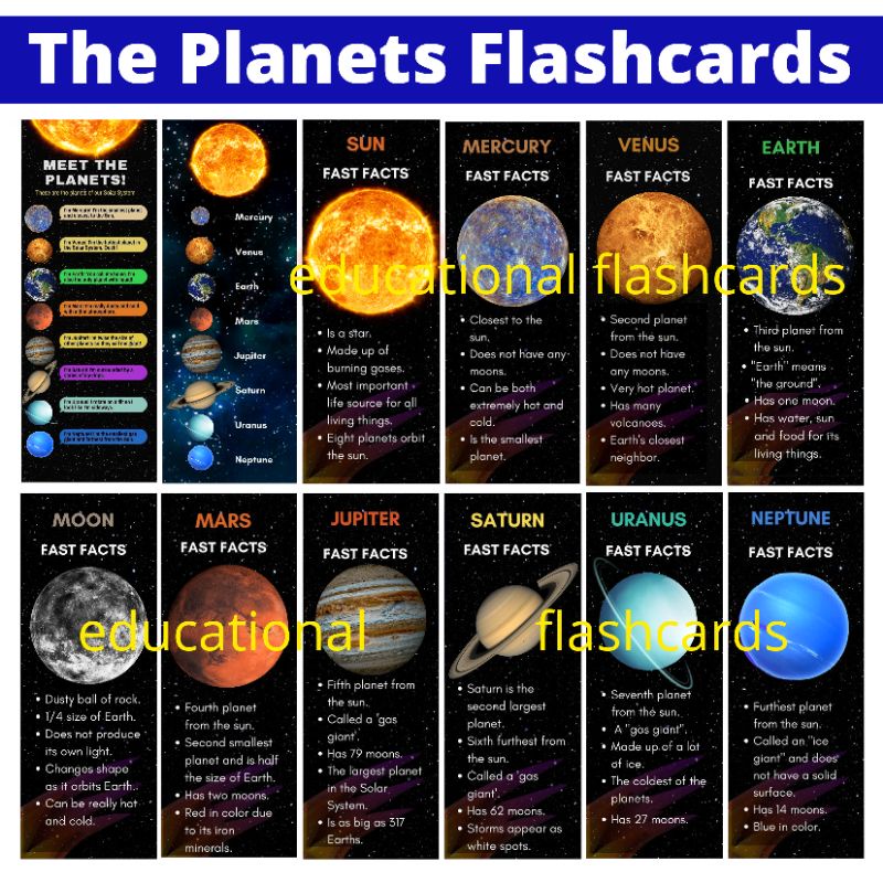 LAMINATED SOLAR SYSTEM / PLANETS FLASHCARDS FOR KIDS, EDUCATIONAL ...