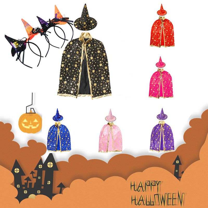 Kids Colourful Wizard Cape Witch Cloak with Hat Magician Cape Cosplay ...