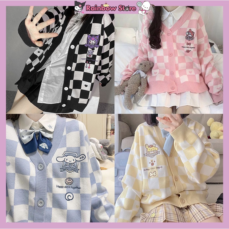 Sanrio jk Uniform Checkerboard Sweater Cardigan Cinnamon Dog Embroidery ...