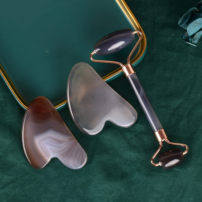 Natural Agate Roller Face Guasha Tools Set Massage Tool Acupuncture ...