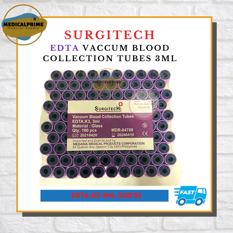 EDTA K3 Purple Top BLOOD COLLECTION VACUTAINER TUBES 3ml (100 Tubes per ...