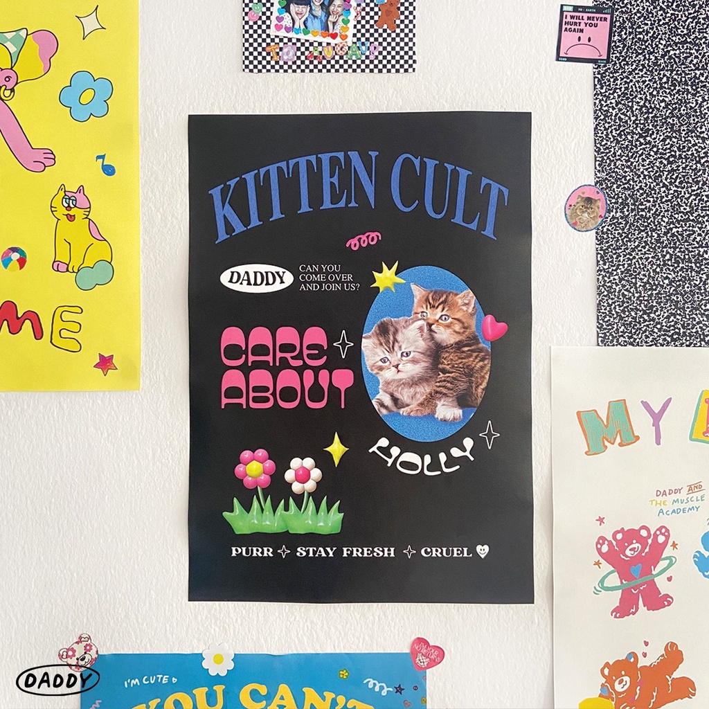 DADDY | Kitten Cult Poster A3 Black With Cute Little Cat Pattern ...