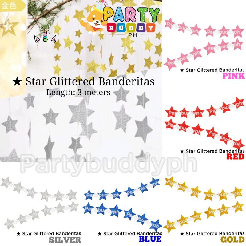 Premium Star Glitter / Glittered Party Banner Banderitas (12 flags 3 ...