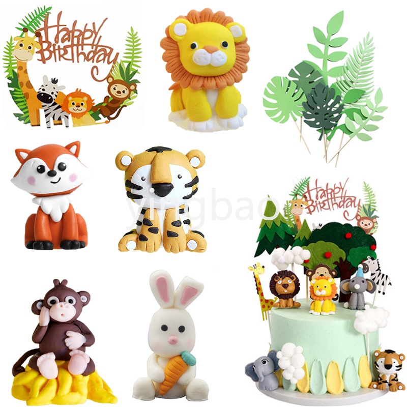 Woodland Animals Cake Decor Soft Clay Lion Elephant Tiger One 1st Jungle Safari Cake Topper Kids ...