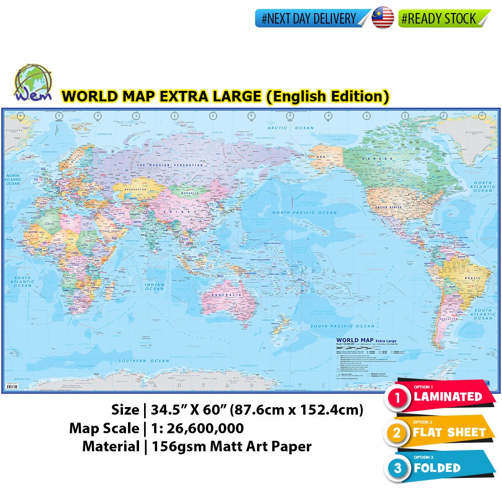 World Map Extra Large (34.5” x 60” / 87.6cm x 152.4cm) Peta Dunia High ...