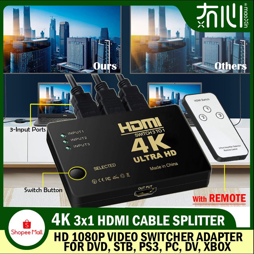 4K 2K 3x1 HDMI Splitter HD 1080P Video Switcher Adapter 3 Input 1 ...