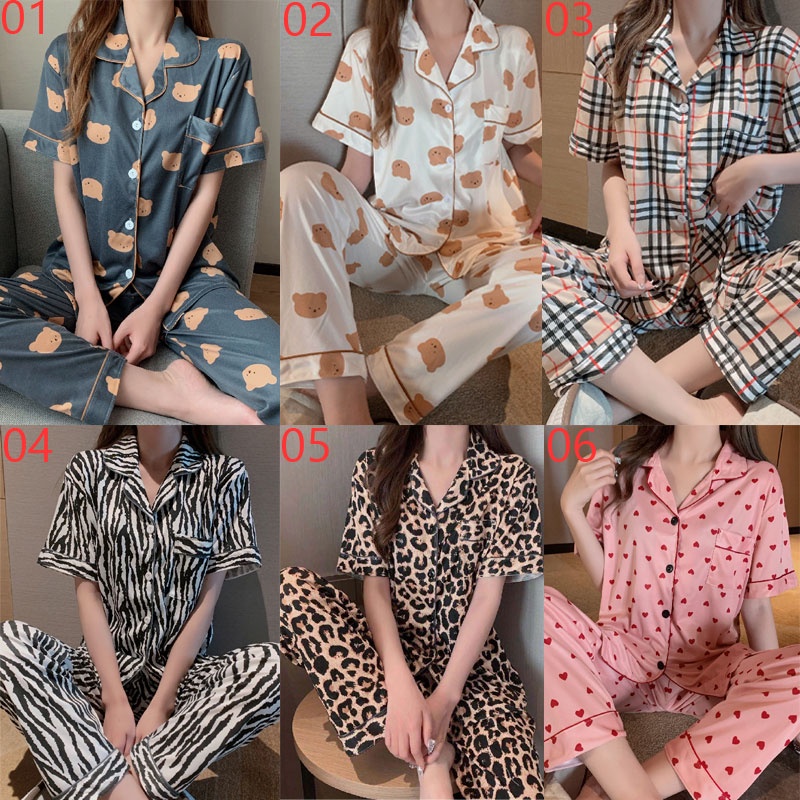 Korean Women Cotton Pyjamas Set Short Sleeve Plaid Leopard Print ...