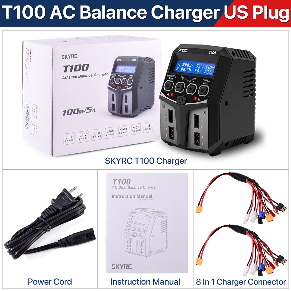 SKYRC T100 AC Lipo Battery Balance Charger Dual 5A 2X50W 2-4S Charger ...