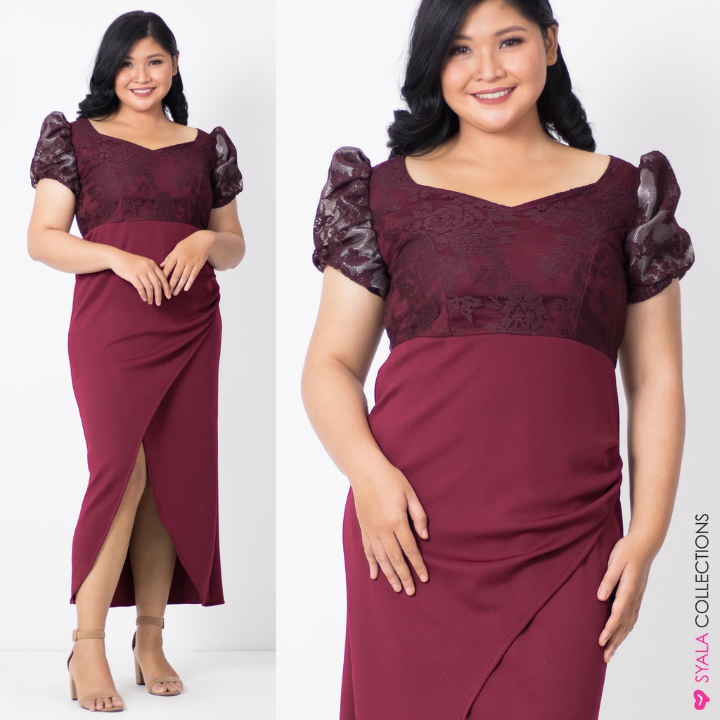 Bubble Sleeves Tulip Side Pleated Maxi Party Plus Sunday Red Maroon ...